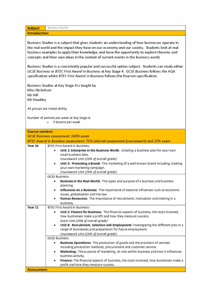 Business Studies KS4 - Yateley School