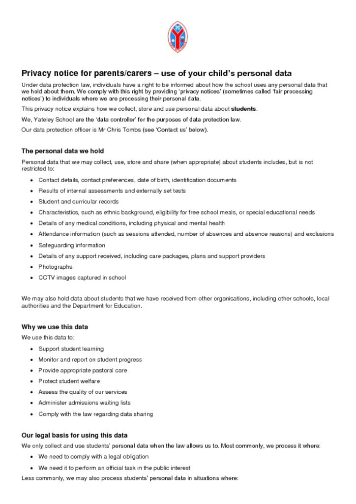 GDPR privacy notice parents - Yateley School