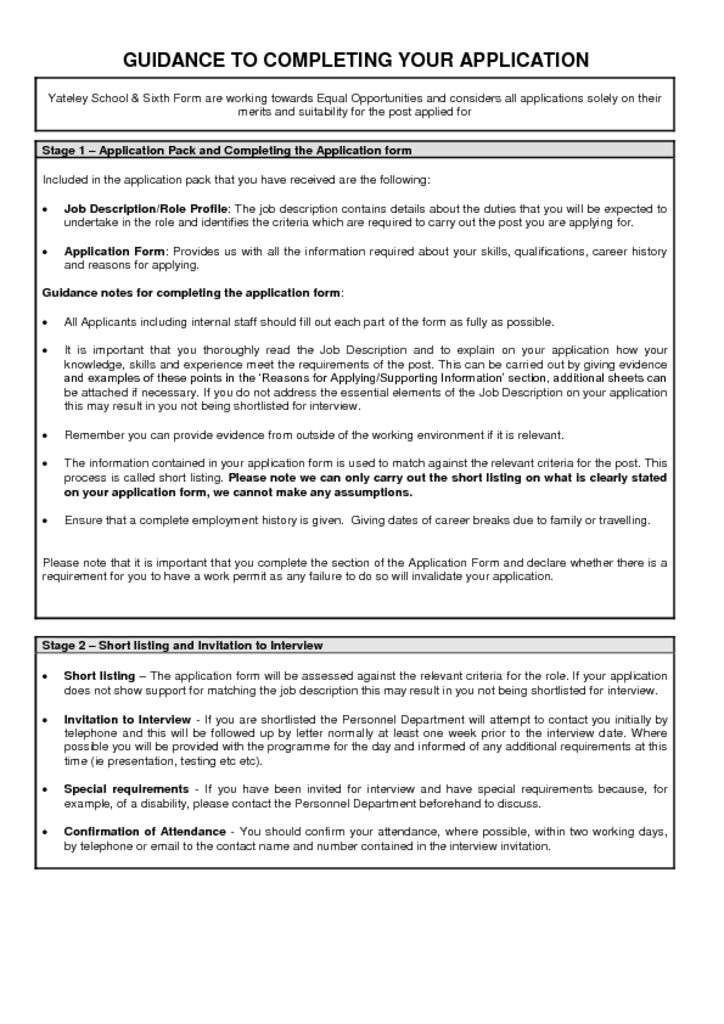 Guidance To Completing Your Application - Yateley School