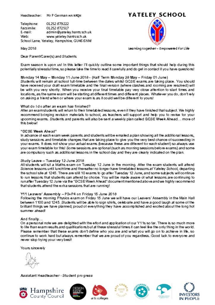 Letter about Exams - Yateley School