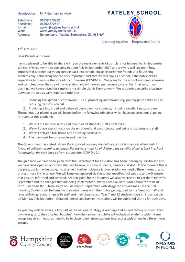 Parent letter - full opening - Yateley School