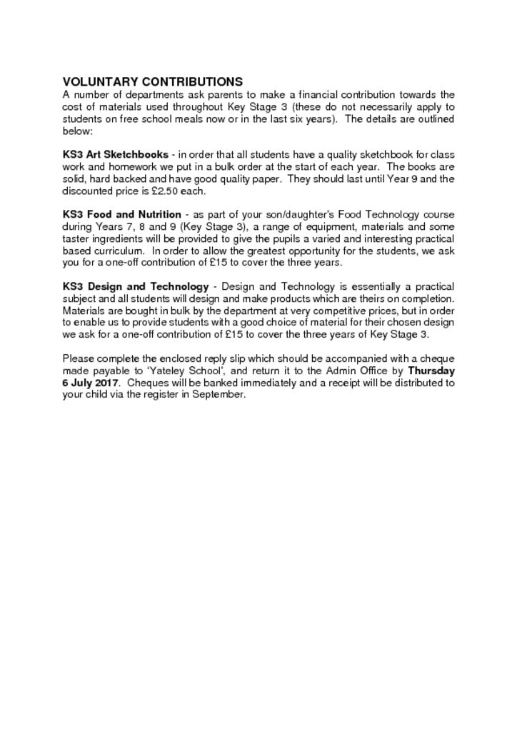 Voluntary Contributions - Yateley School